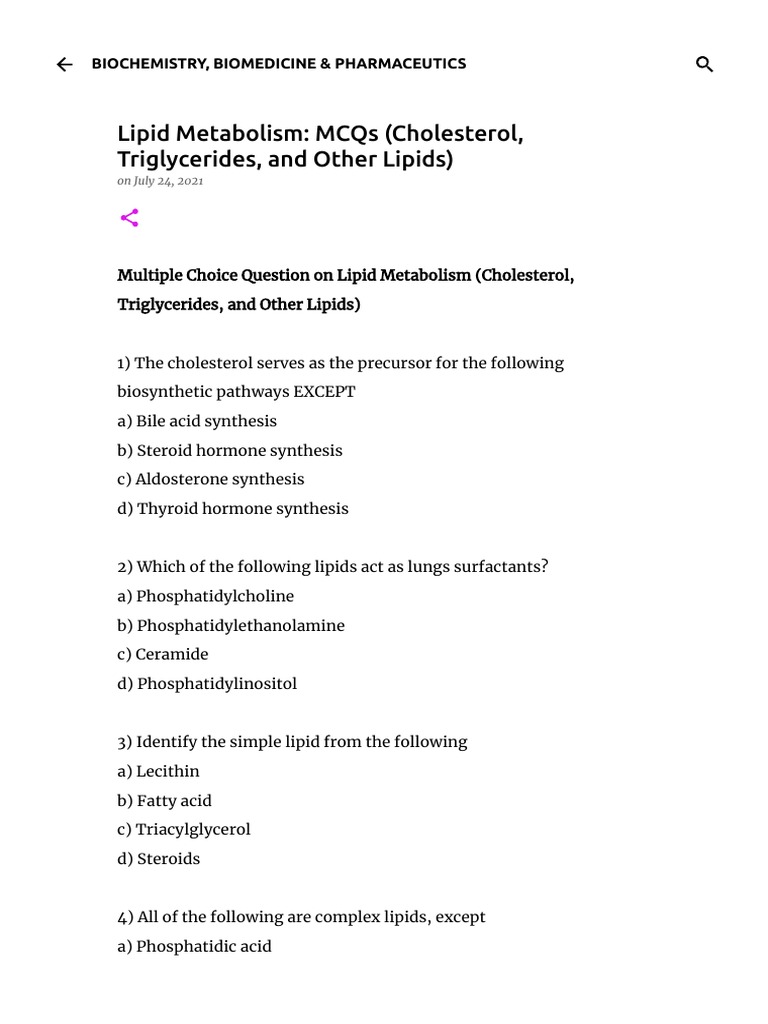 Lipid Metabolism MCQs (Cholesterol, Triglycerides, and Other Lipids ...