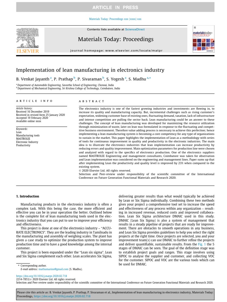 Implementation of Lean Manufacturing in Electronics Industry | PDF ...