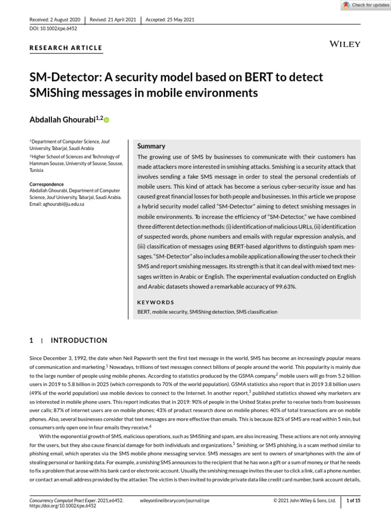 Sm-Detector: A Security Model Based On Bert To Detect Smishing Messages in Mobile Environments ...