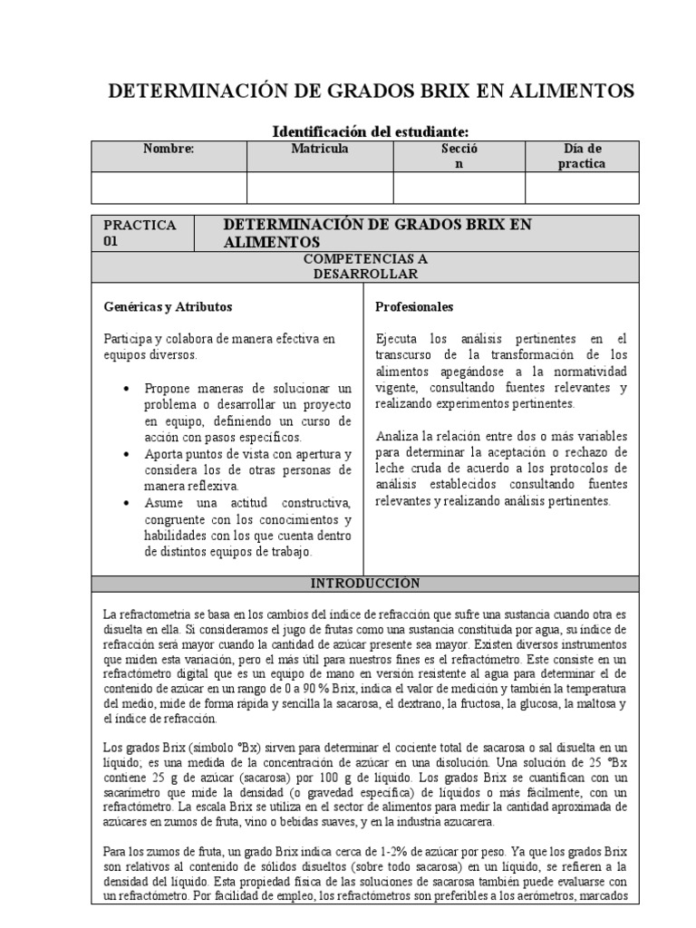 Determinación de Grados Brix en Alimentos | PDF | Metrología