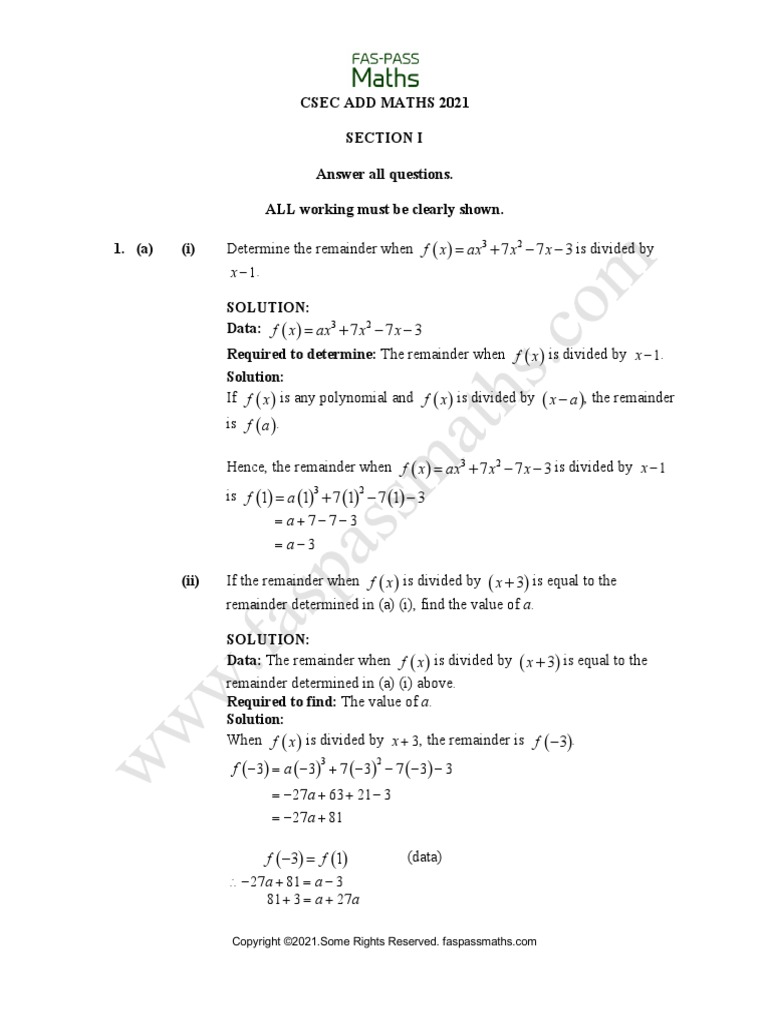 Csec Add Maths 2021 Section I Answer All Questions. ALL Working Must Be ...