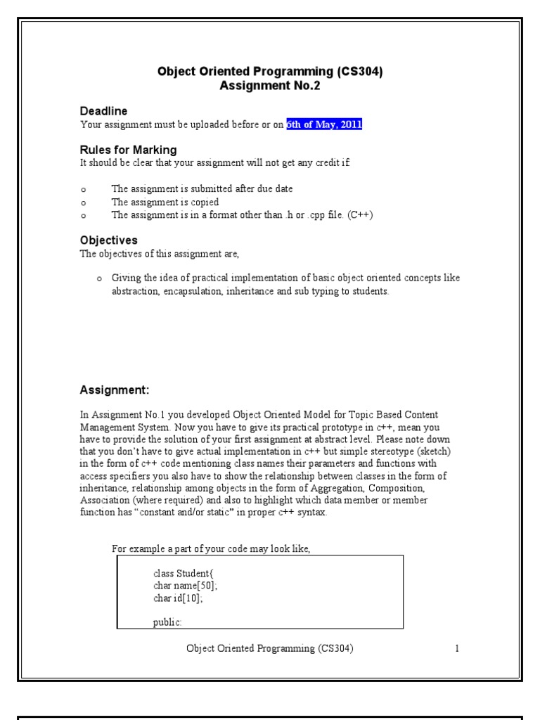 Object Oriented Programming (CS304) Assignment No.2: Deadline Rules For Marking | PDF | C++ ...