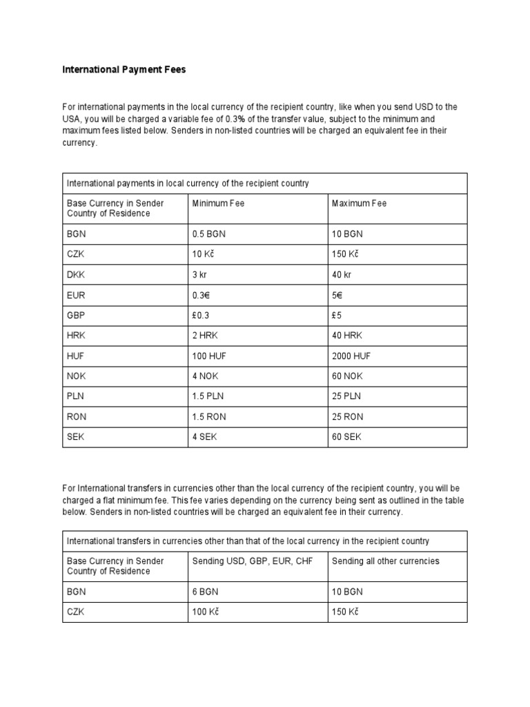 International Payments - Pricing Sheet | PDF | Economies | Banking