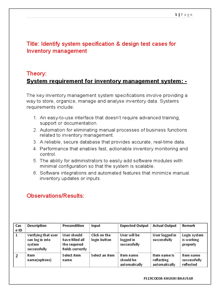 Title: Identify System Specification & Design Test Cases For Inventory ...
