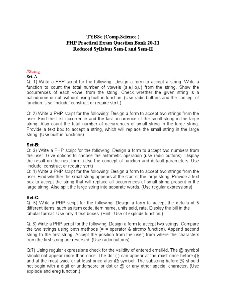 Tybsc (Comp - Science) PHP Practical Exam Question Bank 20-21 Reduced Syllabus Sem-I and Sem-Ii ...