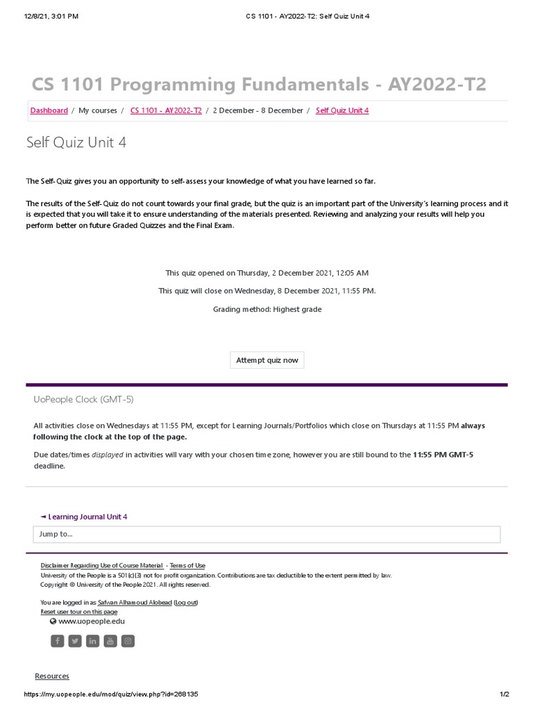 CS 1101 - AY2022-T2 - Self Quiz Unit 4 | PDF | Career & Growth