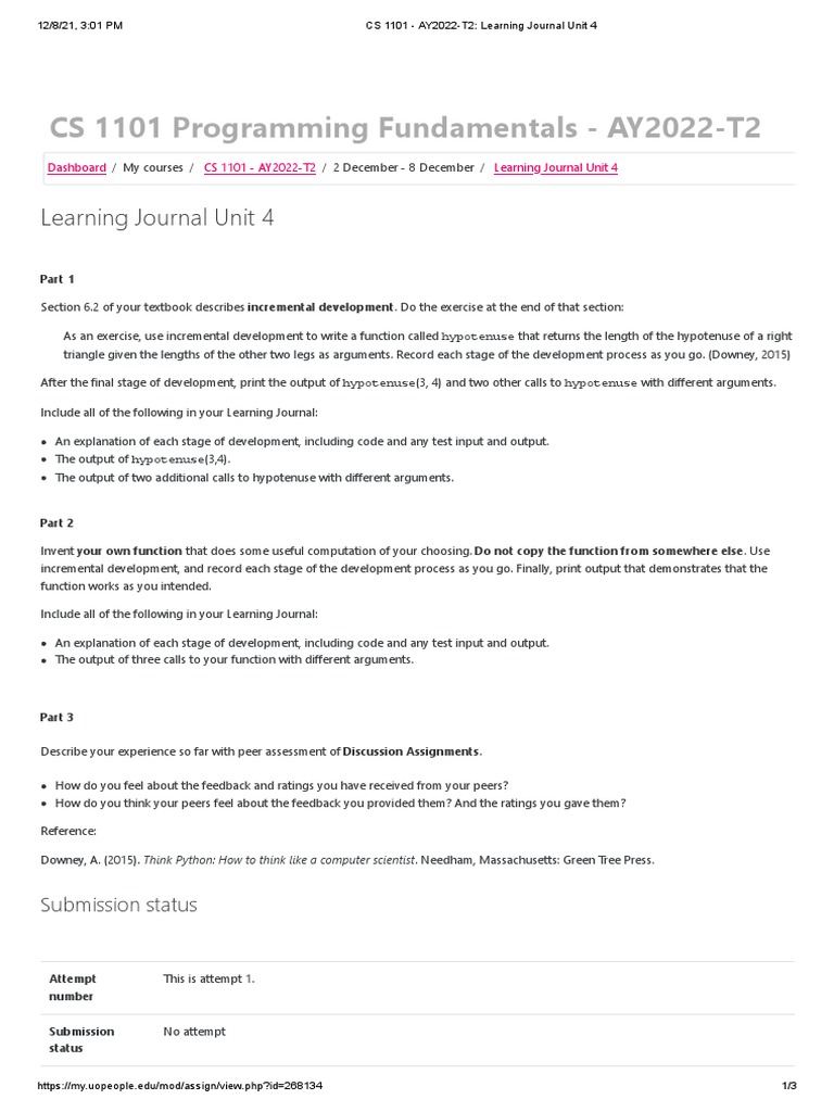 CS 1101 Programming Fundamentals - AY2022-T2: Learning Journal Unit 4 ...