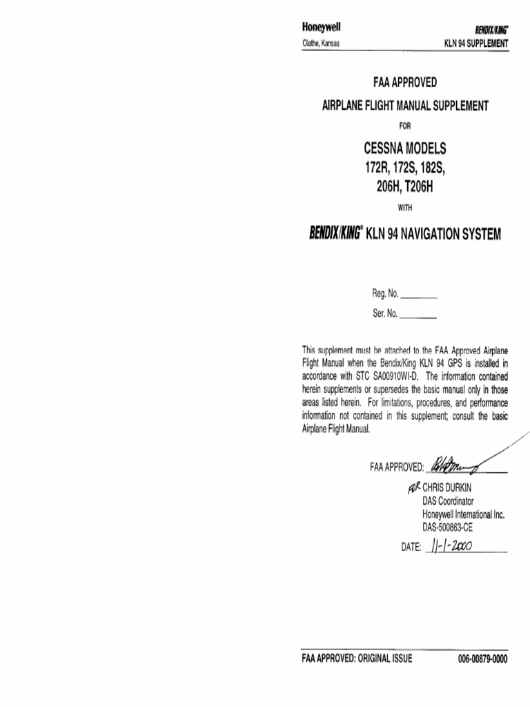 KLN 94 Flight Manual Supplement Cessna 172 Series | PDF | Instrument ...