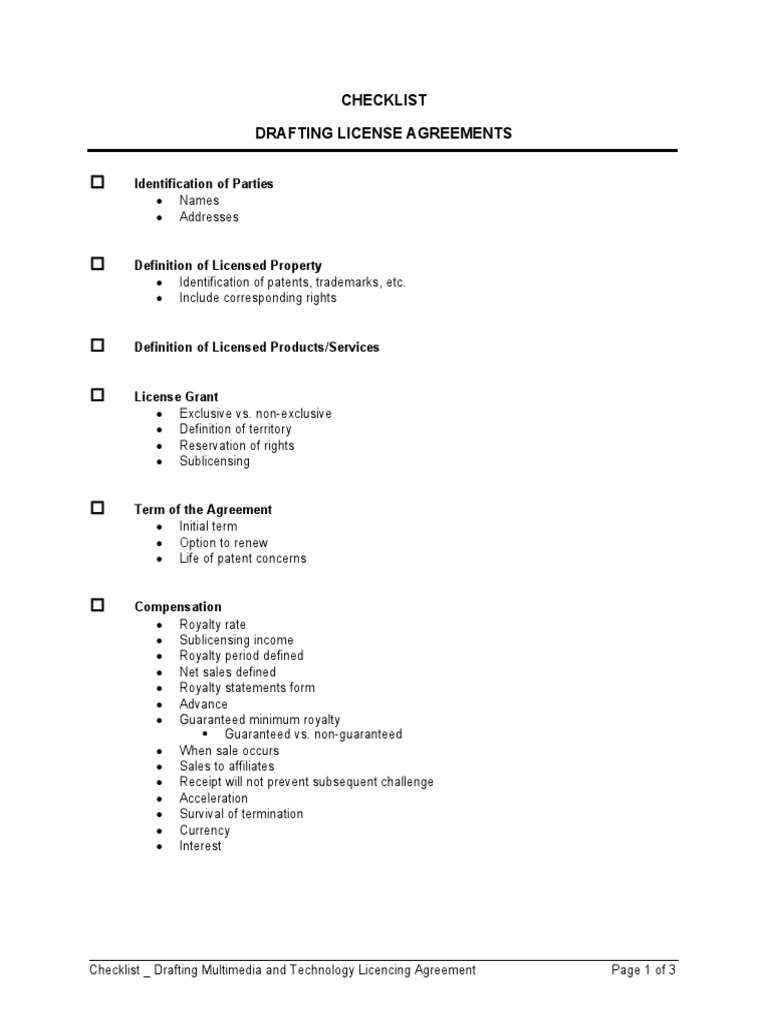 Technology Licensing Agreement Checklist | PDF | License | Royalty Payment