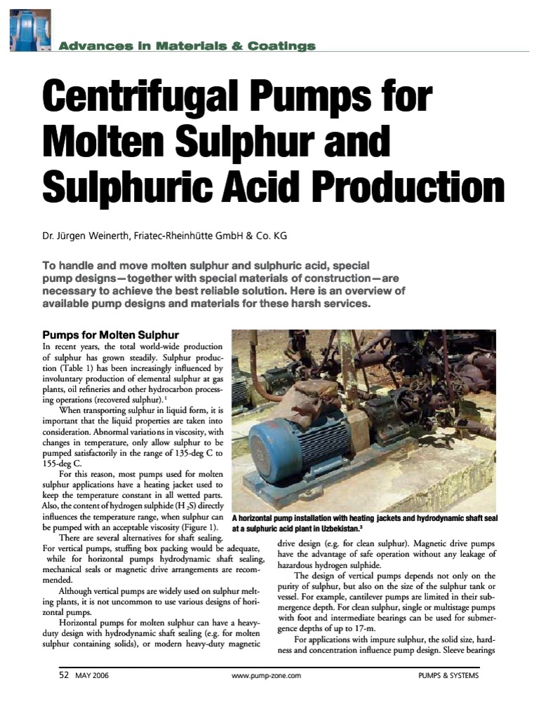 Centrifugal Pumps For Molten Sulphur Amp H2so4 Production | PDF | Pump ...