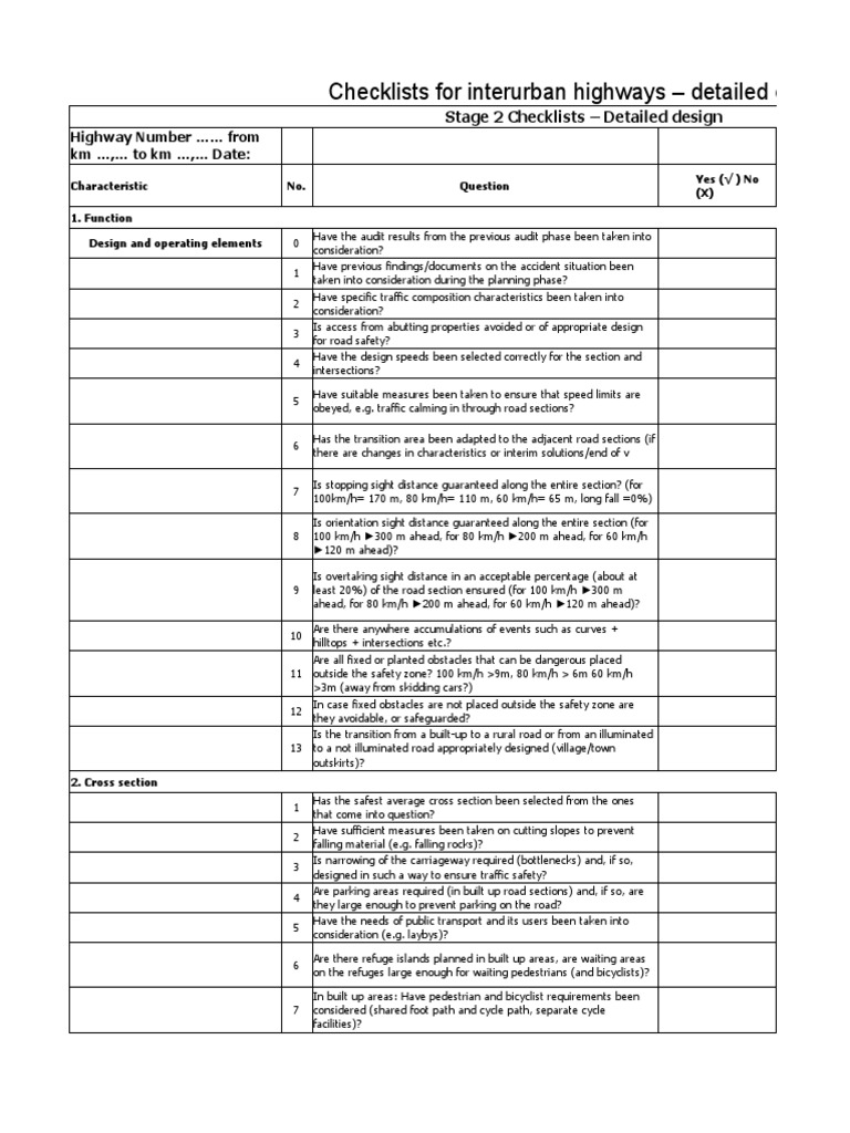 Checklists For Interurban Highways - Detailed Design | PDF | Traffic ...