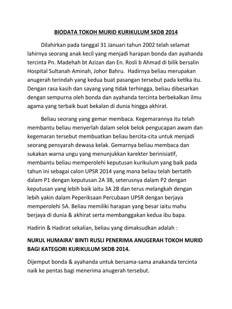 Biodata Tokoh Murid Kurikulum | PDF