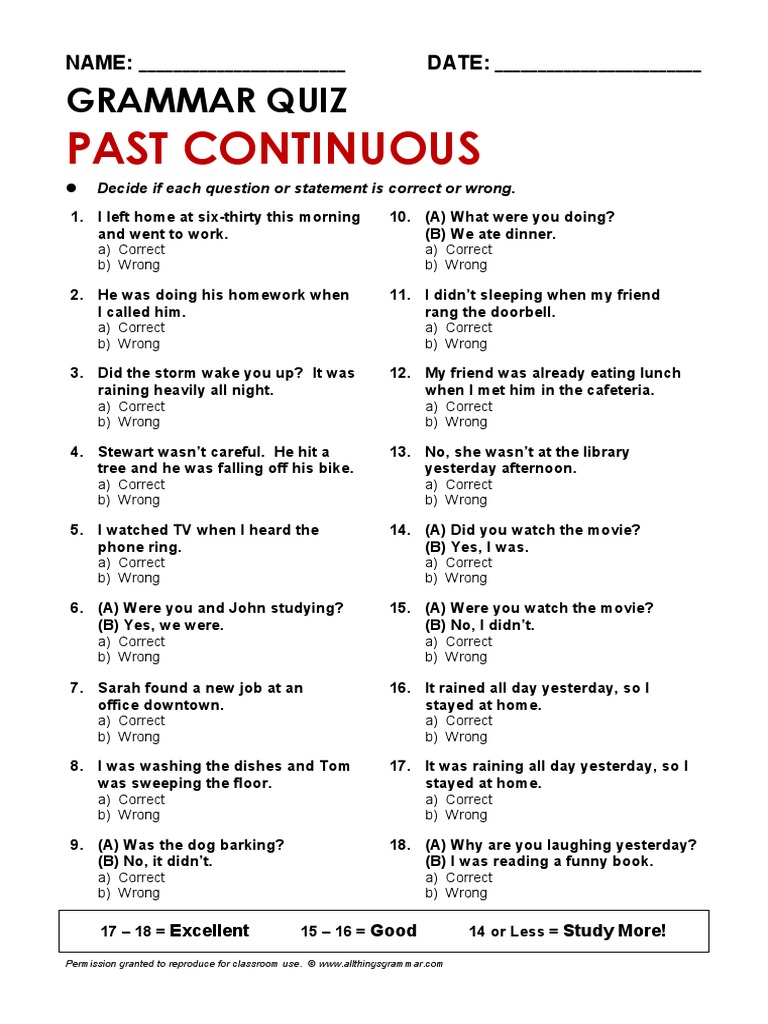Past Continuous: Grammar Quiz | PDF