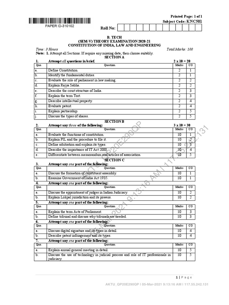 AKTU Exam Paper with 3 Hour Time and 100 Total Marks | PDF