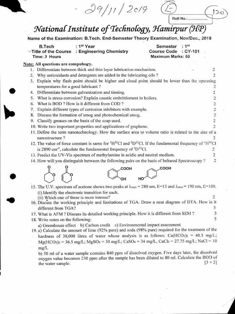 Semester:1St Course Code: CY-101 Time: 3 Hours Maximum Marks: 50 | PDF ...
