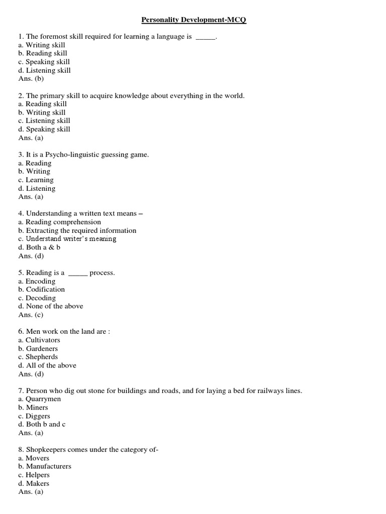 Personality Development MCQs | PDF | Noun | Grammatical Gender