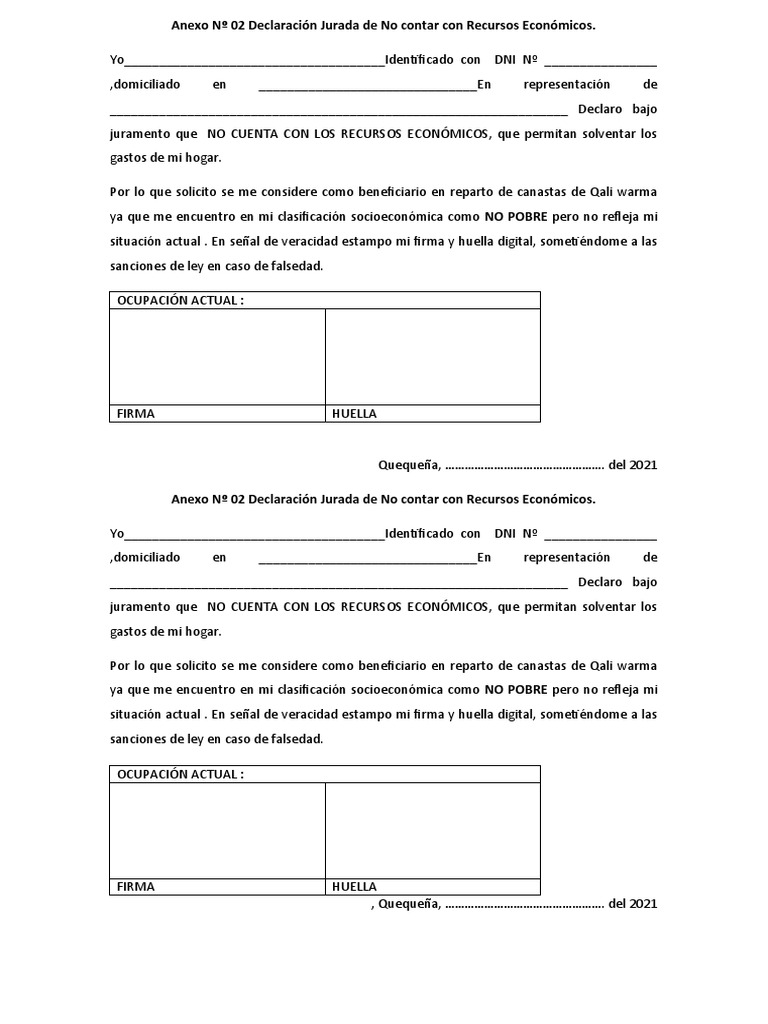 Anexo #02 Declaración Jurada de No Contar Con Recursos Económicos-ULTIMO | PDF