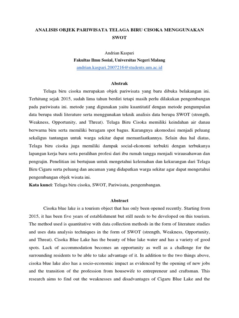 Analisis Objek Pariwisata Telaga Biru Cisoka Menggunakan Swot | PDF
