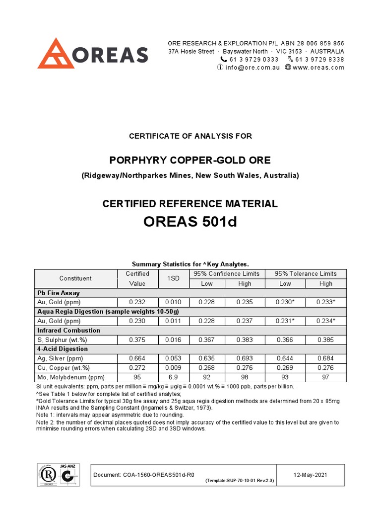 OREAS 501d Certificate | PDF | Outlier | Confidence Interval