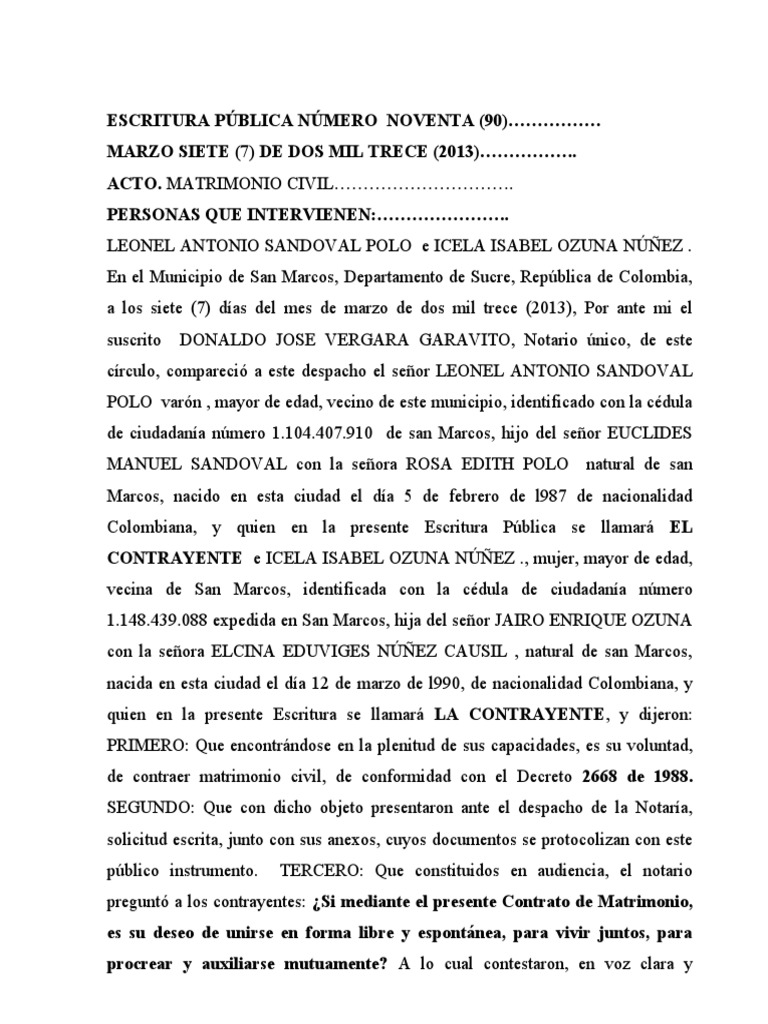 Acta de matrimonio civil entre Leonel Antonio Sandoval Polo e Icela ...
