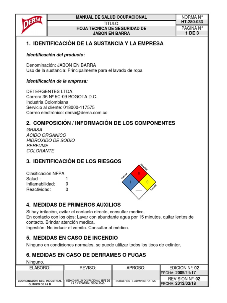 Msds Jabon en Barra Rey | PDF | Seguridad y salud ocupacional | Agua