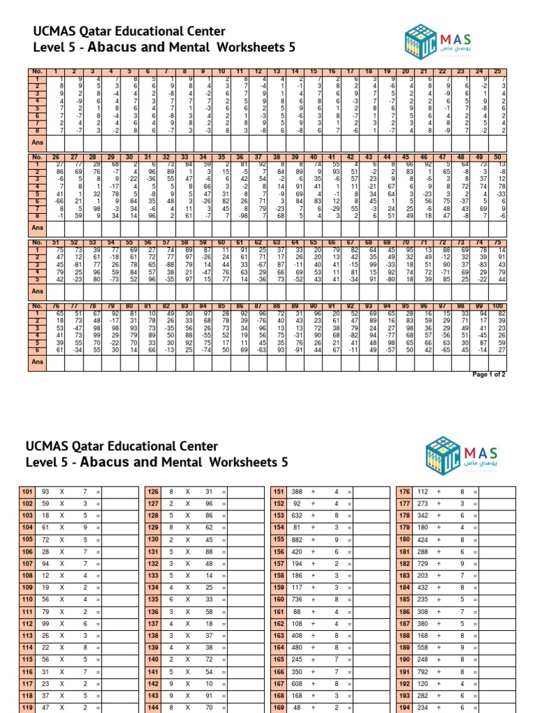 UCMAS Qatar Educational Center Level 5 - Abacus and Mental Worksheets 5 ...