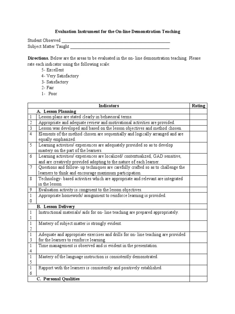 Evaluation Instrument For The On-Line Demonstration Teaching | PDF ...