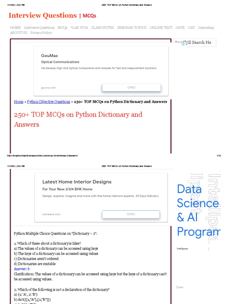 250+ TOP MCQs On Python Dictionary and Answers | PDF | Parameter ...