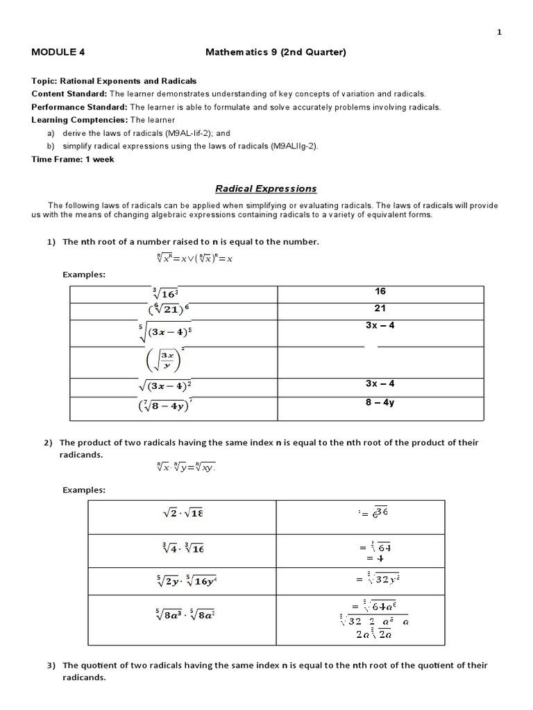 Mathematics 9 (2nd Quarter) : Radical Expressions | PDF | Learning ...