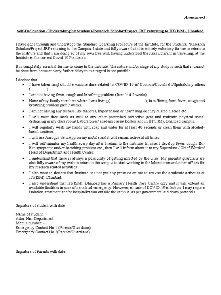 Self-Declaration / Undertaking by Students/Research Scholar/Project JRF ...