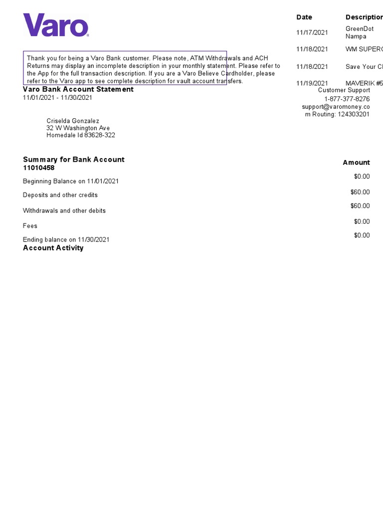 Varo Bank Account Statement: Date Description | Download Free PDF ...