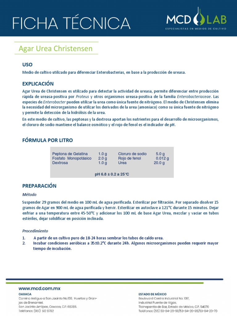 FT Agar Urea Christensen | PDF | Urea | Esterilización (Microbiología)