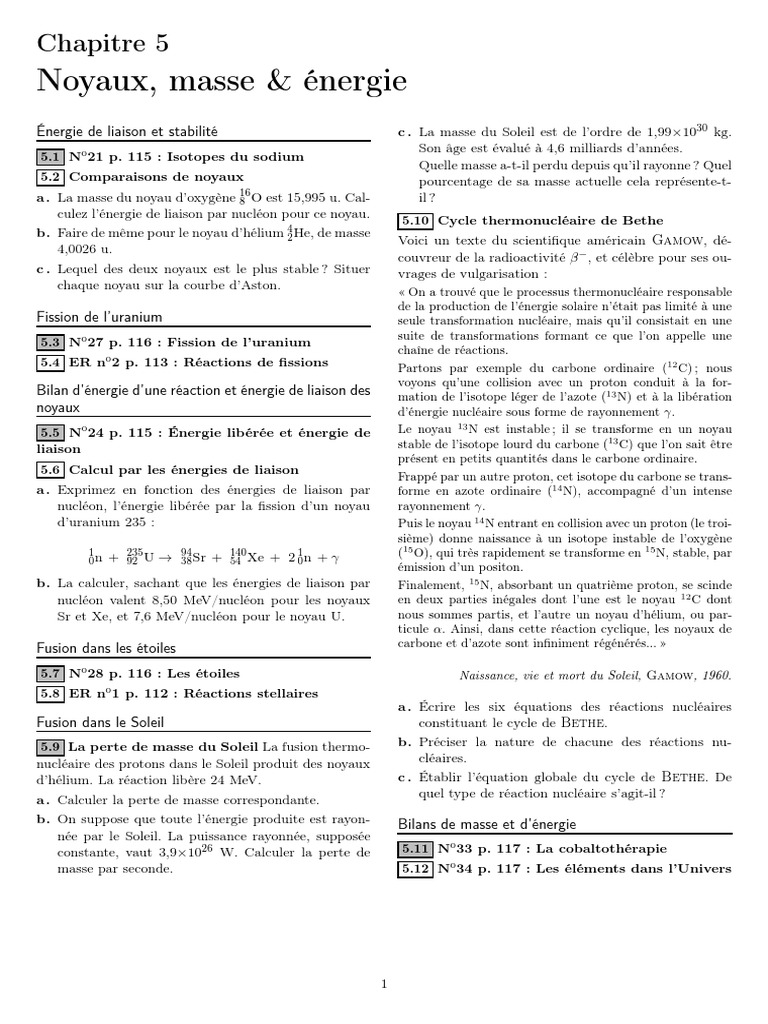 Physique 5 Masse & Énergie Complet | PDF | Noyau atomique | Fission nucléaire