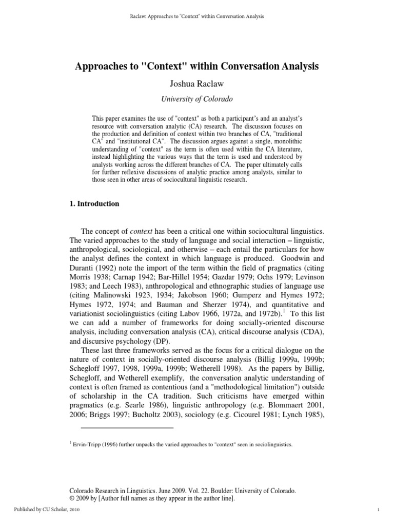 Approaches To "Context" Within Conversation Analysis: Joshua Raclaw ...