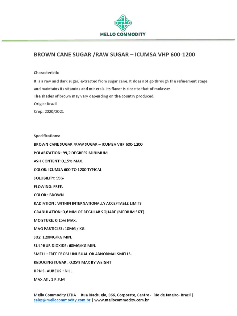 Brown Cane Sugar /raw Sugar - Icumsa VHP 600-1200: Characteristic | PDF