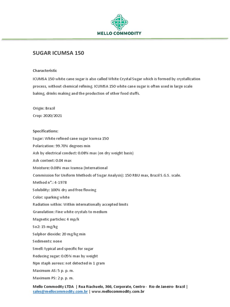 Icumsa 150 Sugar Specification | PDF