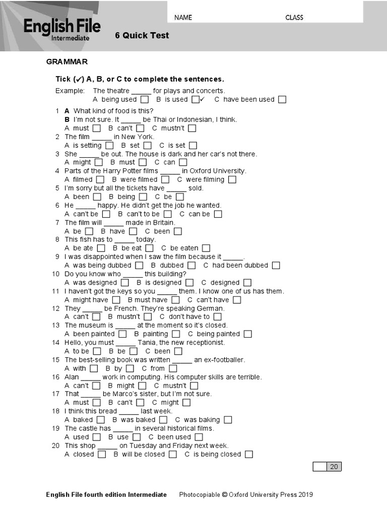 6 Quick Test: Grammar Tick ( ) A, B, or C To Complete The Sentences ...