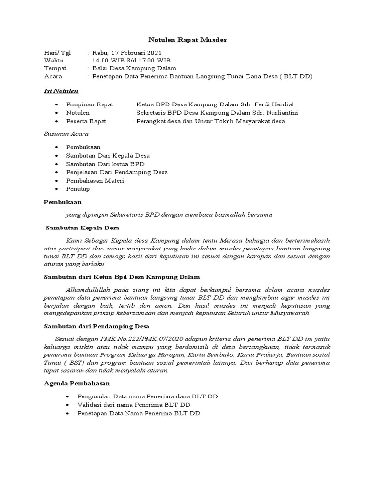 Notulen Rapat Musdes | PDF | Hukum