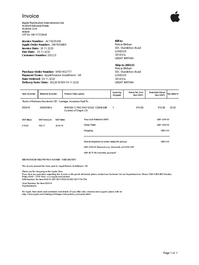 Invoice: Hollyhill Industrial Estate Hollyhill, Cork Ireland VAT No: GB ...