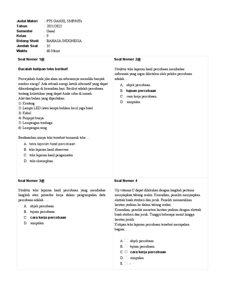 Soal Bindo 9928 | PDF | Sains & Matematika