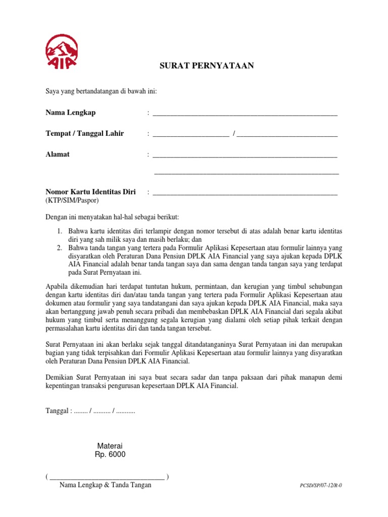 Surat Pernyataan Aia | PDF