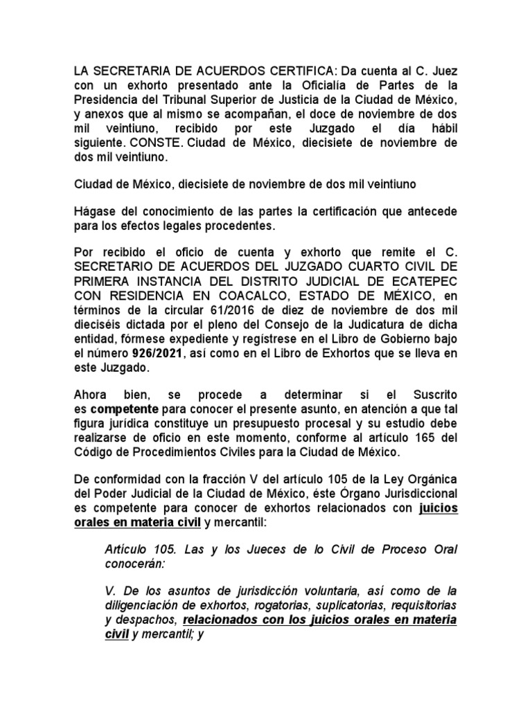 Exhorto Incompetencia Ord Civil | PDF | Competencia (ley) | Jurisdicción