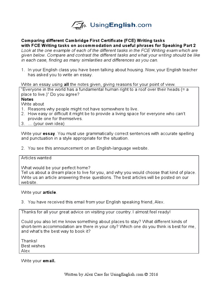 Cambridge First Certificate Fce Comparing Writing Tasks | PDF | Essays | Question