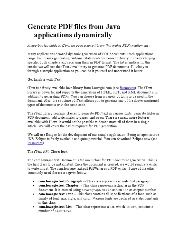 Generate PDF Files From Java Applications Dynamically | PDF | Library (Computing) | Eclipse ...