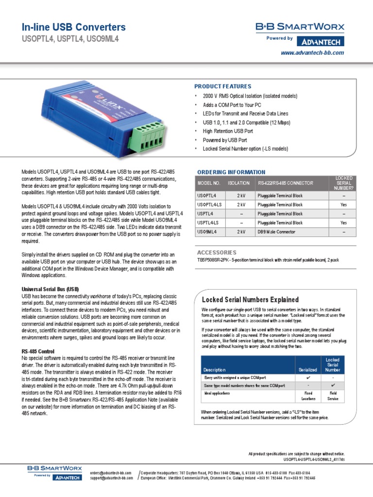 In-Line USB Converters: Usoptl4, Usptl4, Uso9Ml4 | PDF | Usb | Computing