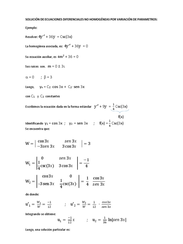 Solución de Ecuaciones Diferenciales No Homogéneas Por Variación de Parámetros | PDF