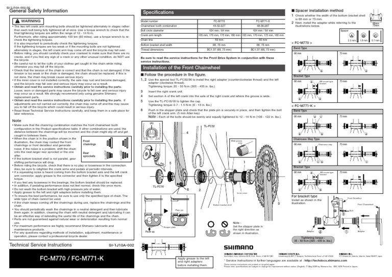 Shimano Deore XT 770 Chainset Instructions | PDF | Mechanical Engineering | Manufactured Goods