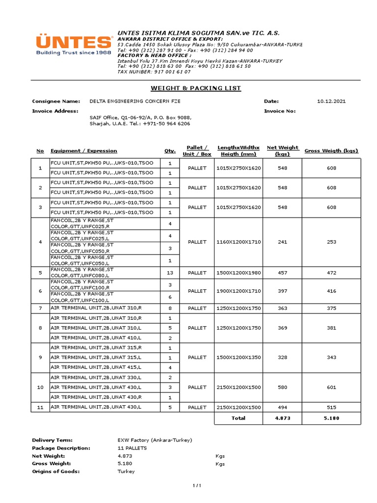 Weight & Packing List: Untes Isitma Klima Sogutma San - Ve Tic. A.S ...