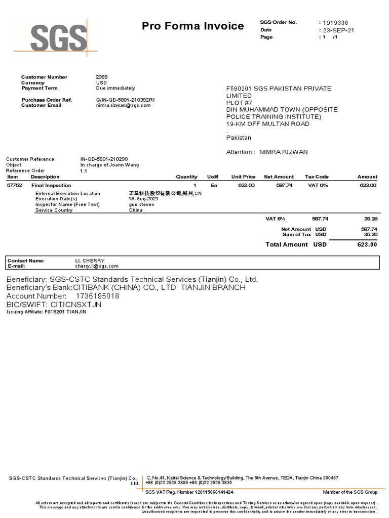 Final Inspection Pro Forma Invoice for Services Provided by SGS ...