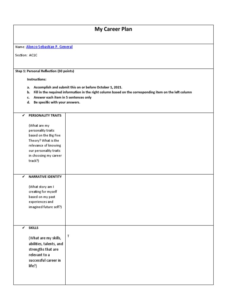 My Career Plan: Alonzo Sebastian P. General | PDF | Leadership | Essays